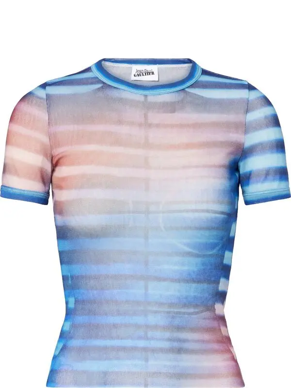 JEAN PAUL GAULTIER Printed Striped Mesh T-shirt - Blue