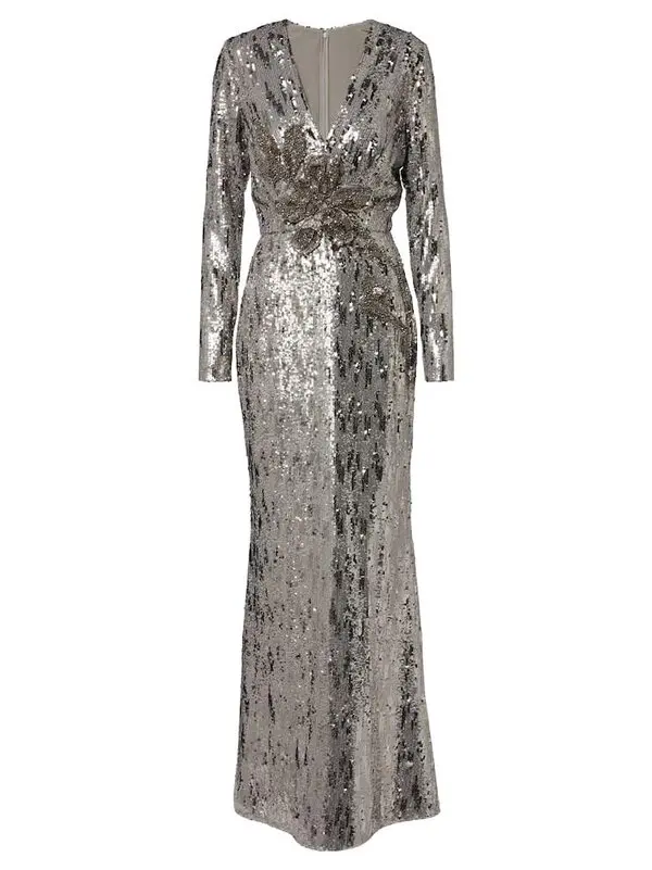 Elie Saab Floral-appliqué Sequined Silk-blend Gown - Silver