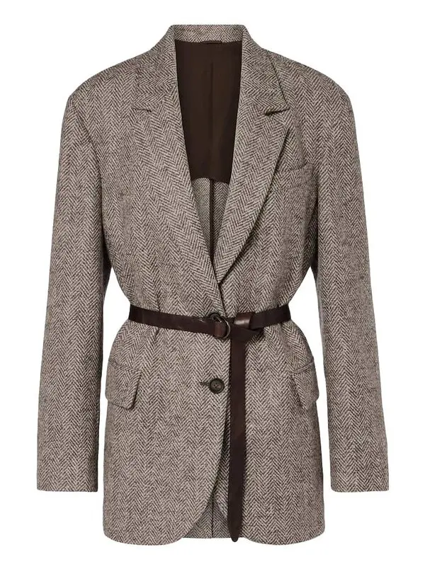 Brunello Cucinelli Herringbone Wool-blend Blazer With Belt - Grey