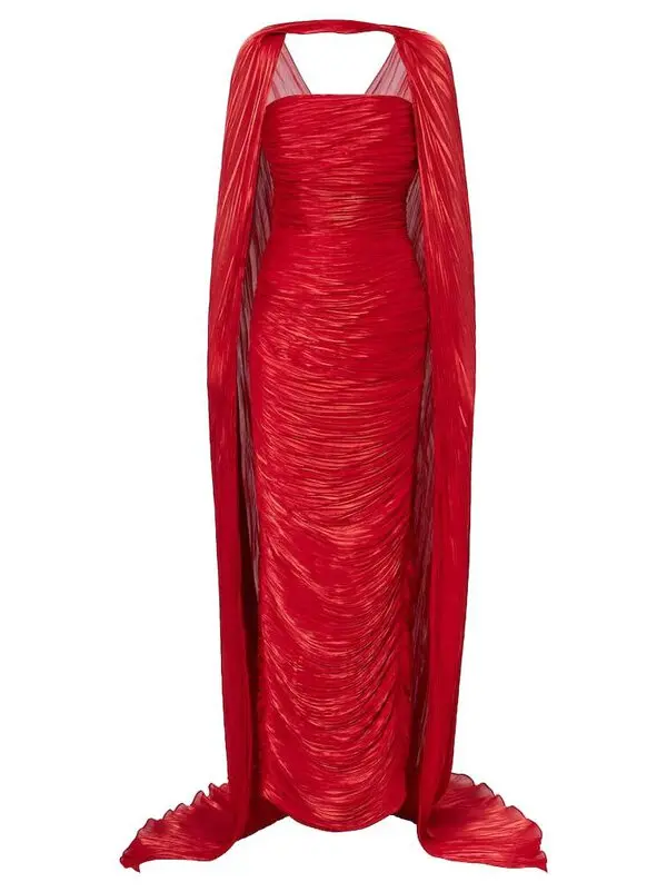 MARMAR HALIM Caped Pleated Bustier Gown - Red