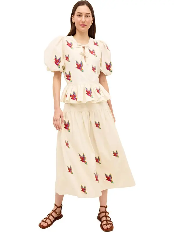 MARIE OLIVER Owens Embroidered Cotton Midi Skirt - Flock