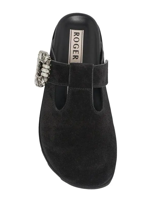 ROGER VIVIER Slidy Viv Suede T-strap Mules - Nero