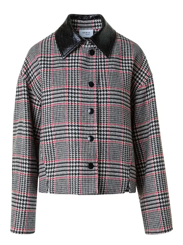 Akris Glen Check Tweed Jacket With Faux Leather Collar - Black-cream-vermillion