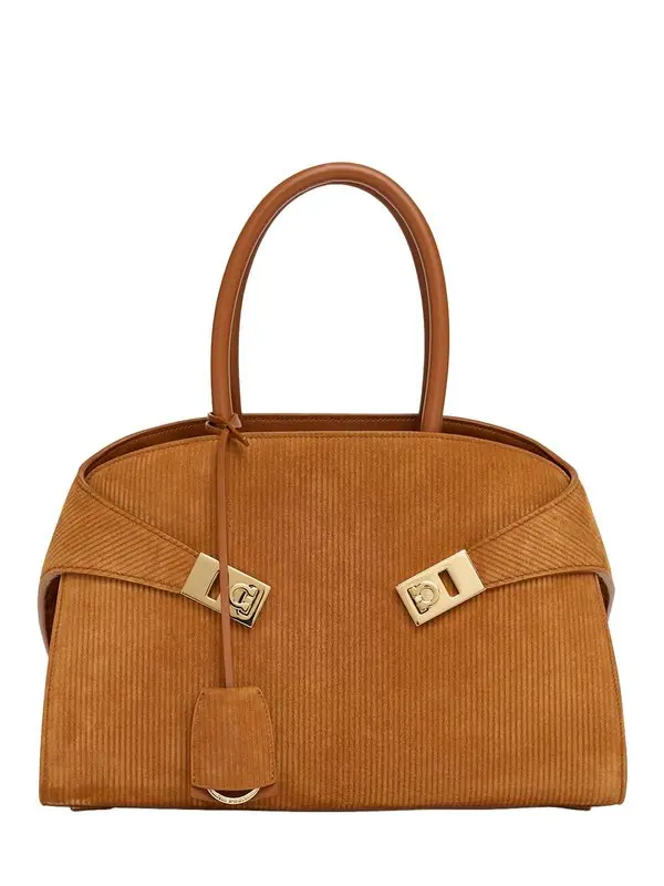 FERRAGAMO Hug Suede Corduroy Top-handle Bag - Naturale