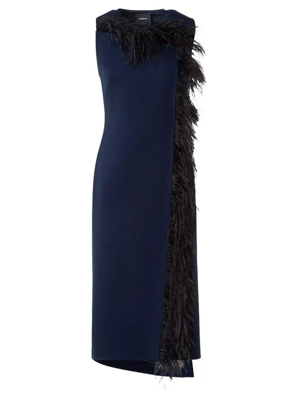 Akris Asymmetric Feather-trim Wool Midi Dress - Navy-black