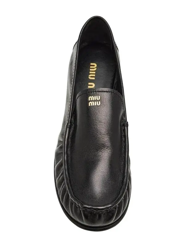 Miu Miu Ruched Leather Moccasin Loafers - Nero