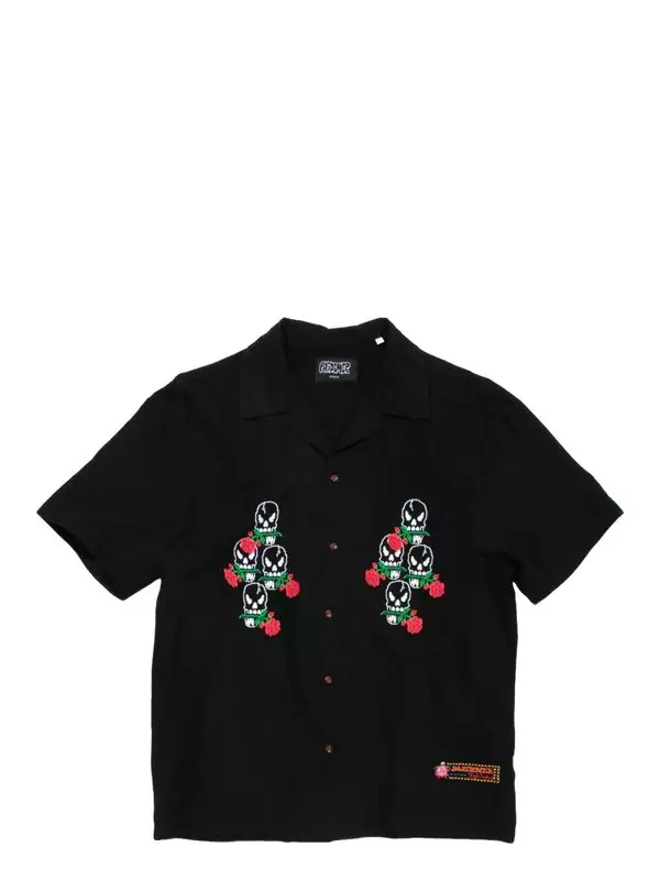 PAS DE MER Skull-embroidered Cotton-linen Shirt - Black