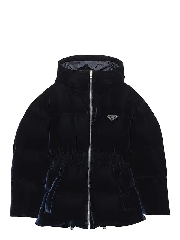 Prada Cinched Velvet Puffer Jacket - Bleu