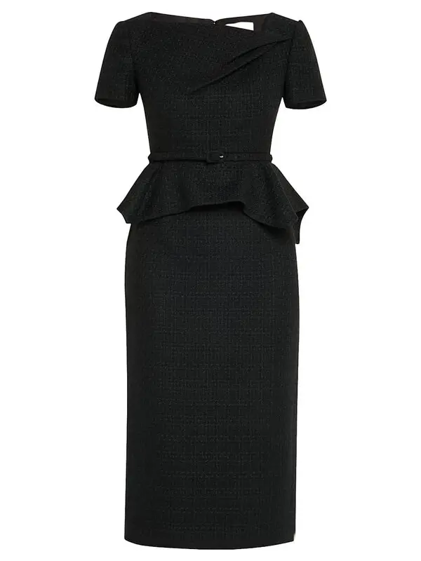 Roland Mouret Asymmetric Twist Boucle Belted Peplum Midi Dress - Black