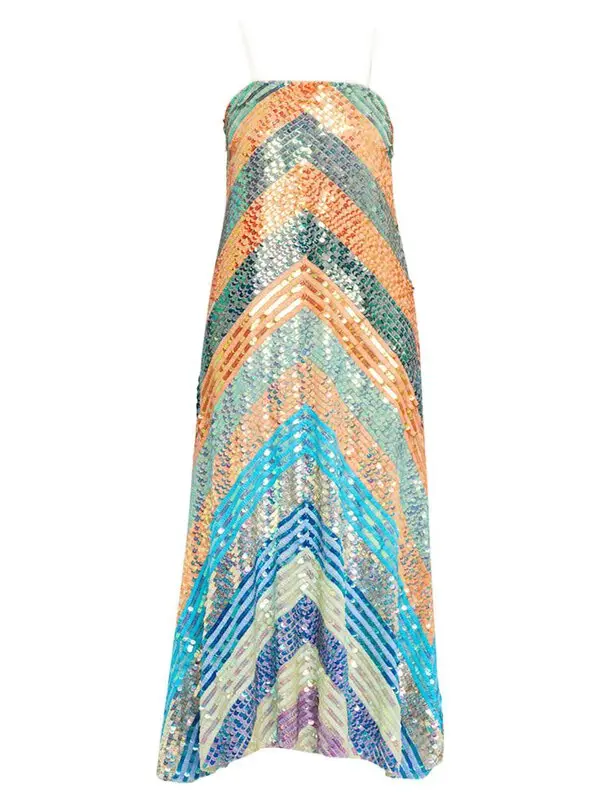 Christopher John Rogers Chevron Sequined Bias Strapless Maxi Dress - Rainbow Multi
