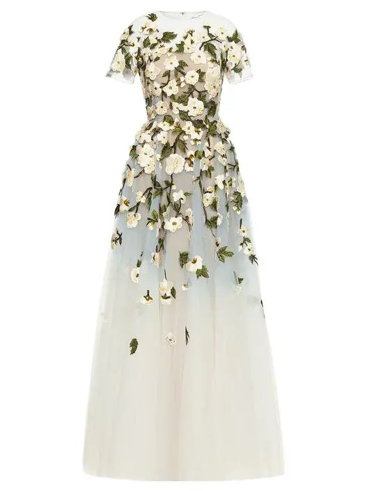 Oscar De La Renta Ombré Cherry Blossom Tulle Gown - Blue