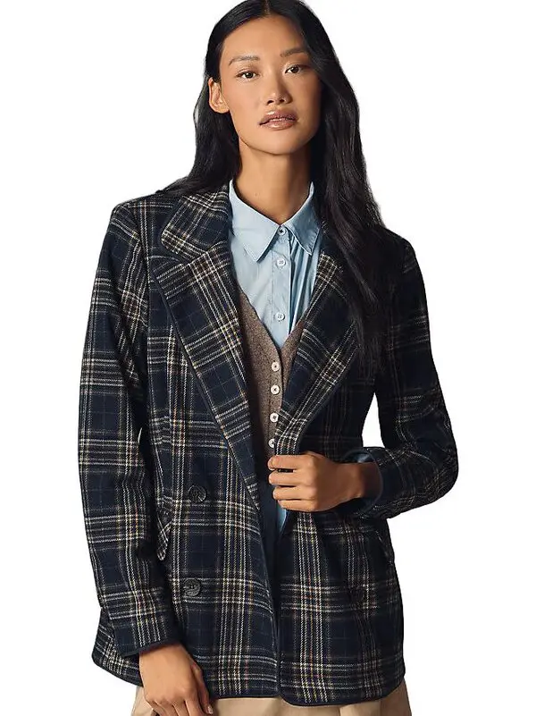 Avec Les Filles Double-breasted Knit Plaid Blazer Jacket - Navy Plaid / Navy