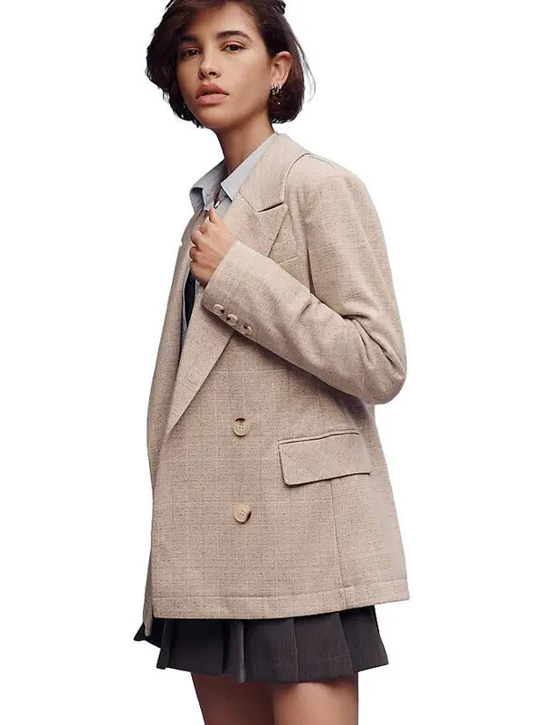 Avec Les Filles Double-breasted Knit Plaid Blazer Jacket - Neutral Plaid