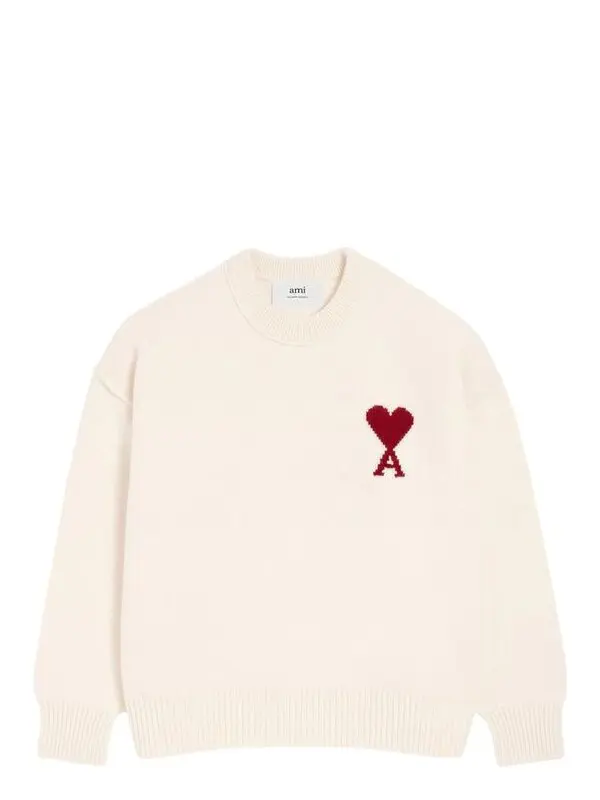 Ami Intarsia Heart Crewneck Sweater - Beige