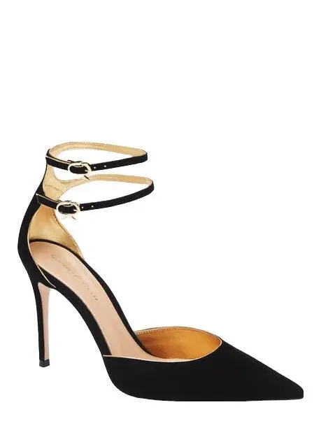 GIANVITO ROSSI Camoscio Double Ankle Strap Pointed Toe D'orsay Pumps - Black Mekong