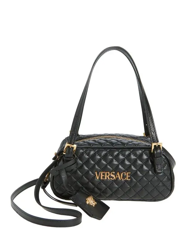 Versace Mini Tag Bowling Quilted Leather Shoulder Bag - Black Versace Gold
