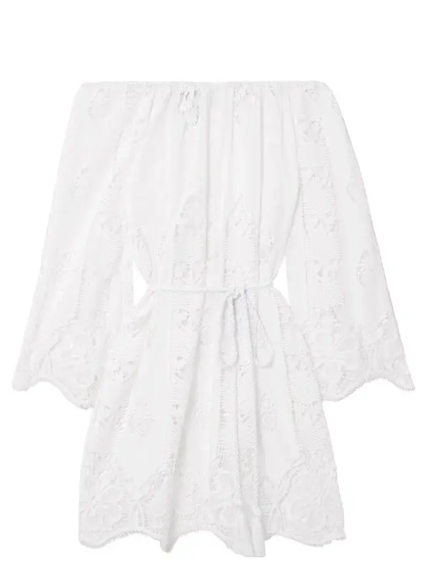 Miguelina Brigette Off-the Shoulder Belted Lace-trimmed Embroidered Cotton-voile Mini Dress - White
