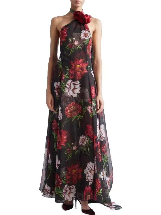 Oscar De La Renta Peony Print Silk Chiffon Halter Gown - Brown Multi