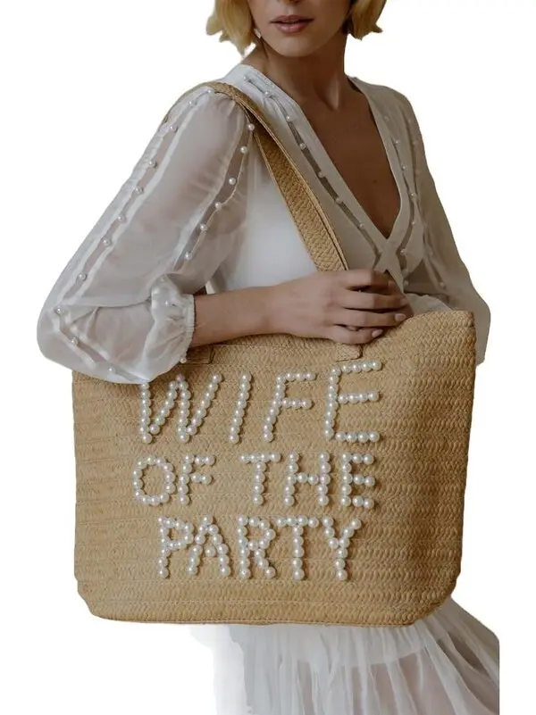 UNTAMED PETALS Straw Tote With Pearl Lettering - Natural