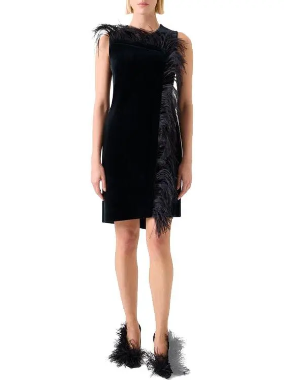 Akris Feather Trim Velvet Neoprene Sheath Dress - Black