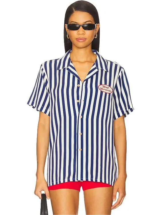 MOTEL MARGARITA Cabana Button Up Shirt In White - Bone & Navy