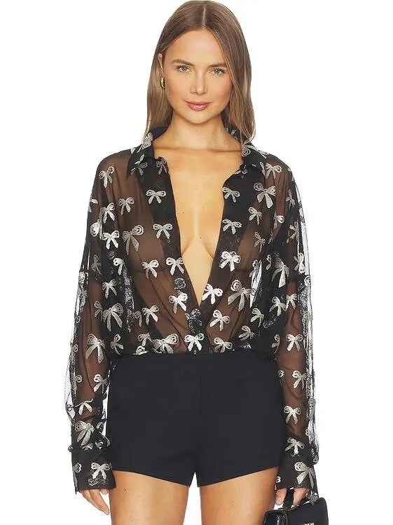 Norma Kamali Super Oversized Boyfriend Nk Shirt Bodysuit - Black & Silver