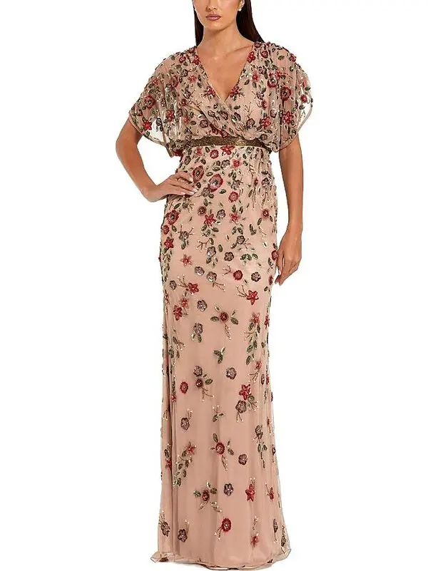 Mac Duggal Floral Embellished Short Sleeve Gown - Antique Rose