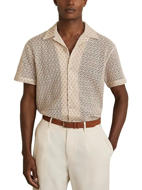 REISS Sterling Geo Crochet Button Down Camp Shirt - Oatmeal