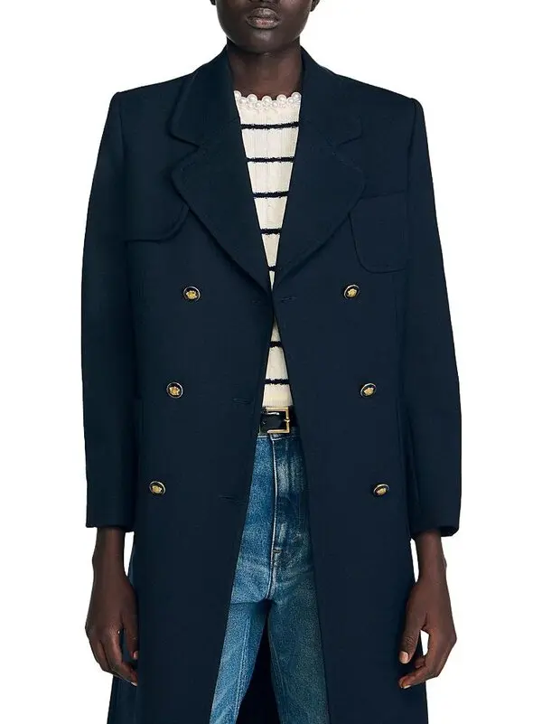 Sandro Long Double Breasted Coat - Navy Blue