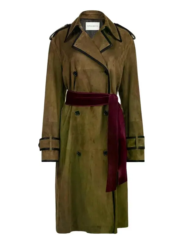 Nina Ricci Belted Leather-trimmed Coat - Green