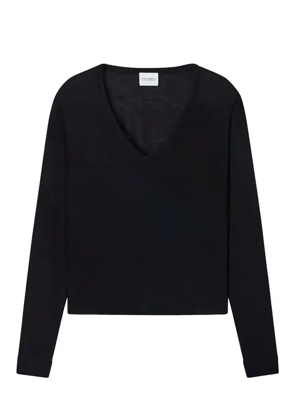 Closed V-neck Long-sleeve Sweater - Black