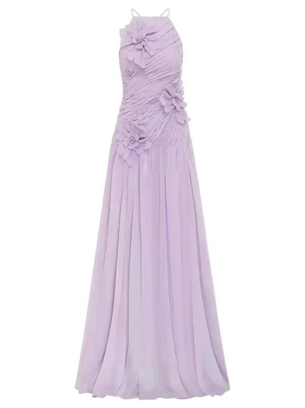 LEO LIN Pleated Floral-appliqué Maxi Dress - Purple