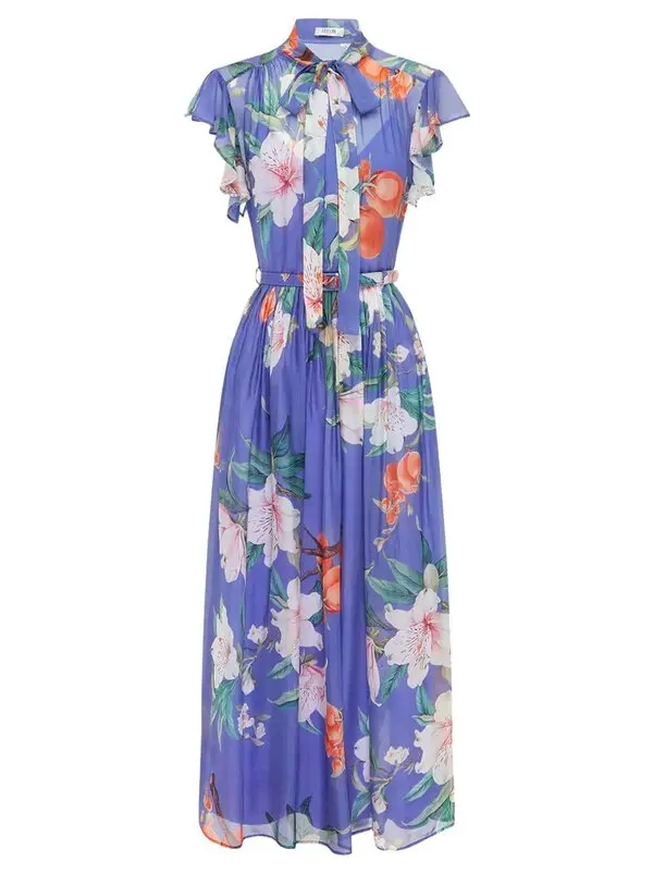 LEO LIN Floral-print Belted Maxi Dress - Blue