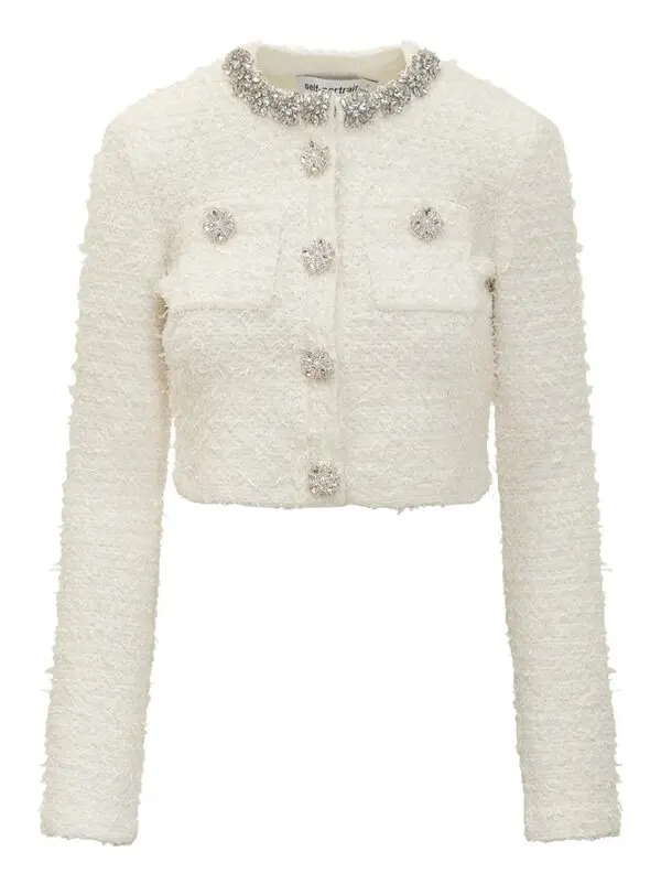 SELF-PORTRAIT Ivory Bouclé Crop Jacket - White