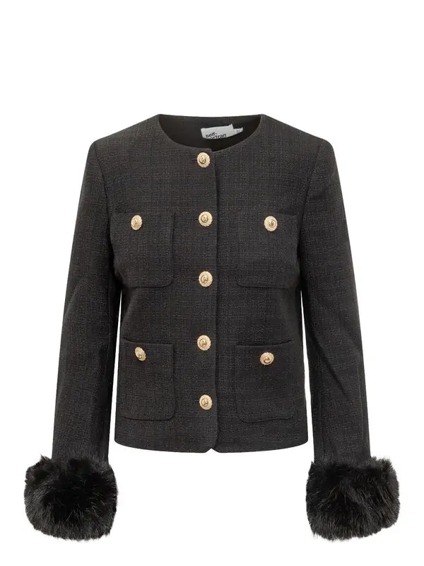 SELF-PORTRAIT Tweed Jacket With Faux Fur Cuffs - Black