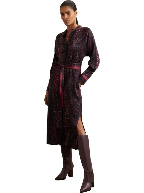 REISS Daria Snake-print Belted Shirt Dress - Burgundy/black