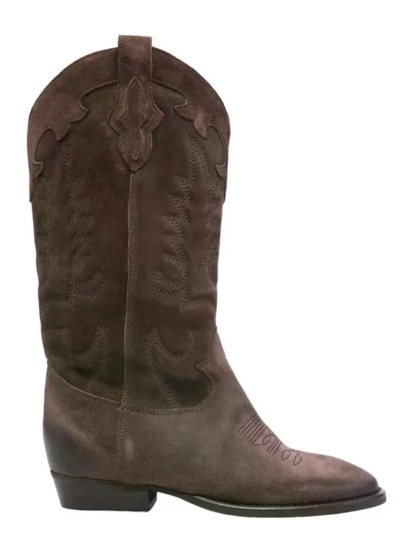 GISEL MOIRE Embroidered Suede Cowboy Boots - Brown