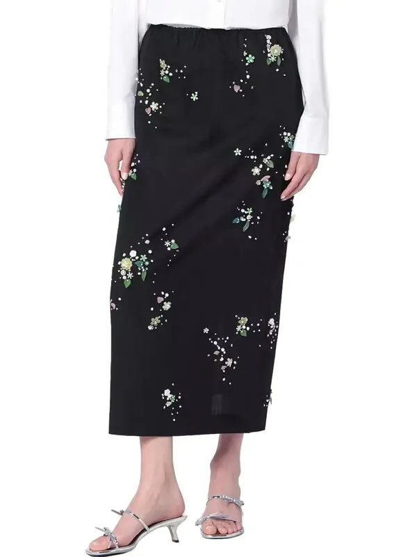 Bernadette Floral-embellished Elastic-waist Midi Skirt - Black