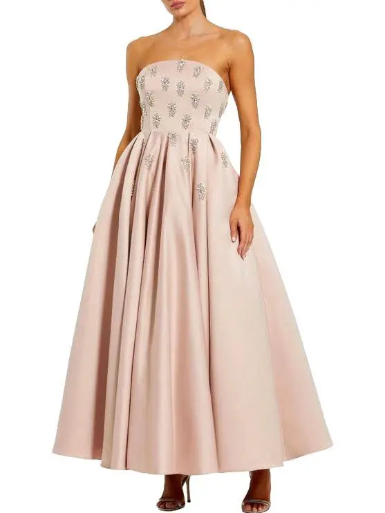 Mac Duggal Crystal Embellished Strapless Satin A-line Gown - Blush