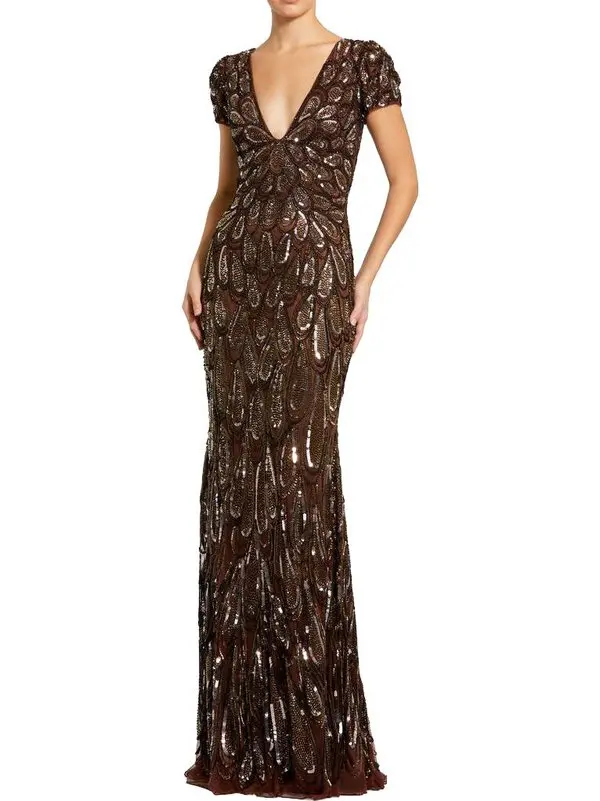 Mac Duggal Beaded Embellished V Neck Cap Sleeve Column Gown - Chocolate