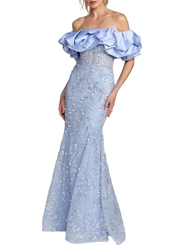 Mac Duggal Beaded Applique Off-the-shoulder Mermaid Gown - Periwinkle