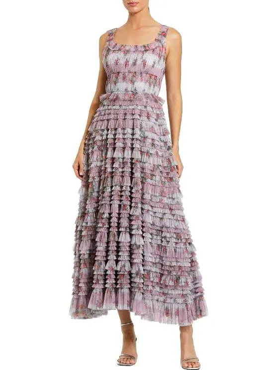 Mac Duggal Floral Ruffled Tulle Midi Dress - Purple Multi