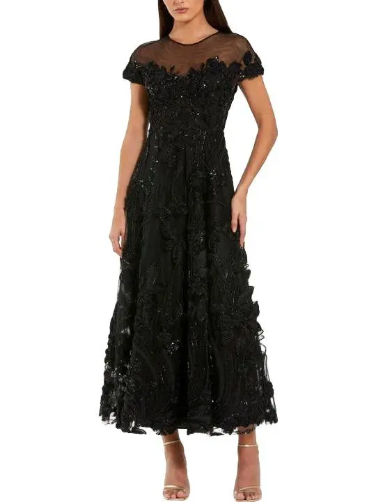 Mac Duggal Embellished Lace Illusion Neck A-line Midi Dress - Black