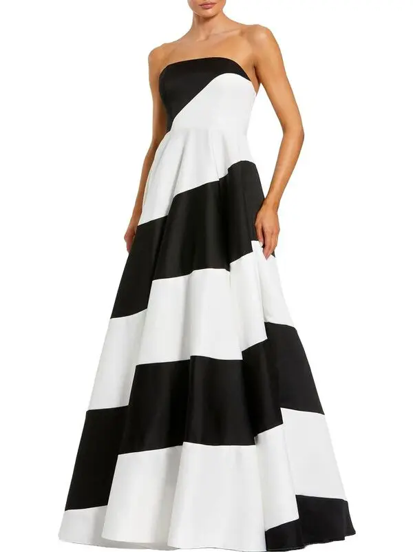 Mac Duggal Strapless Ballgown With Colorblock Stripes - Black Ivory