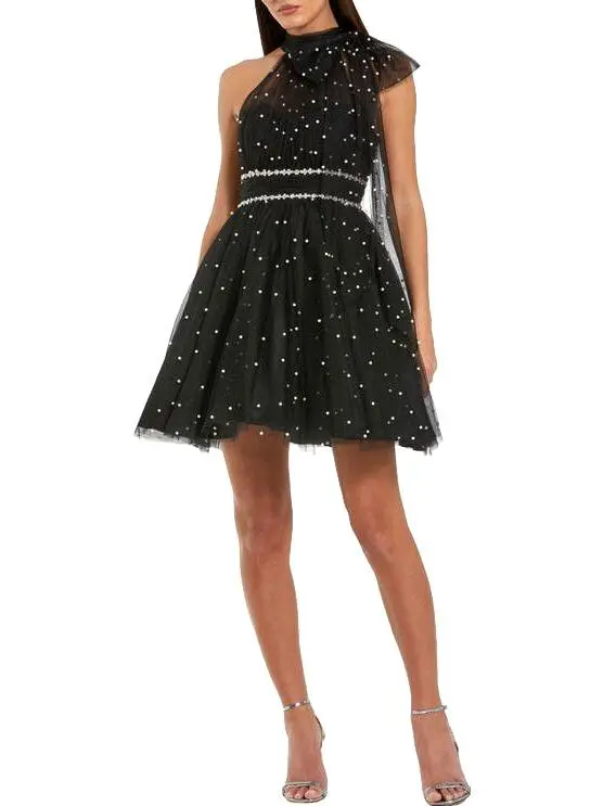 Mac Duggal Pearl Embellished Tulle Tie Neck A-line Mini Dress - Black Ivory