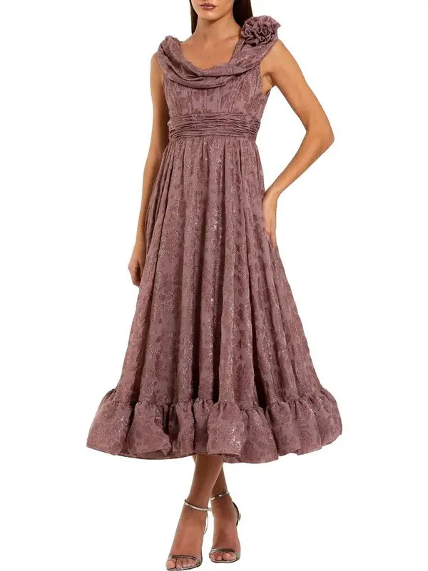 Mac Duggal Burnout Chiffon Sleeveless Cowl Neck Midi Dress - Mauve