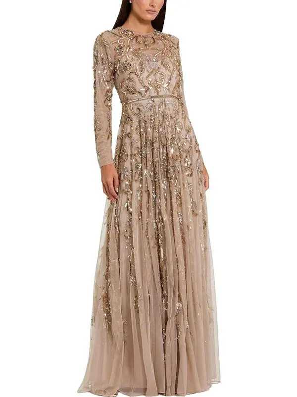 Mac Duggal Long Sleeve Embellished Gown - Mocha Gold