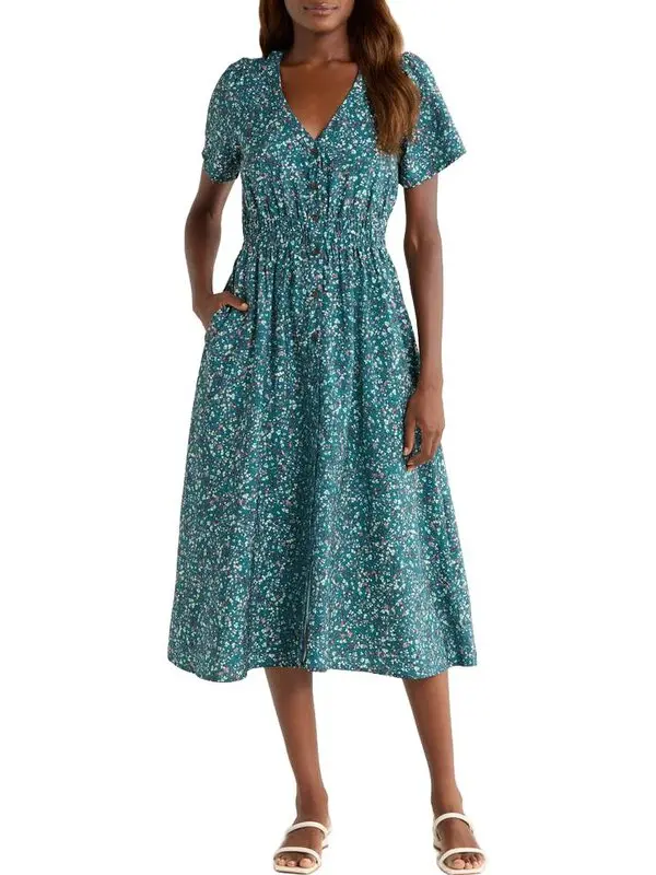 Marine Layer Annika Floral Midi Dress - Deep Aqua