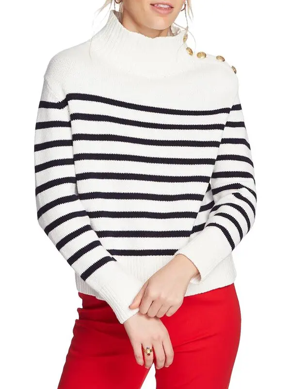 COURT & ROWE Stripe Mock Neck Sweater - Antique White