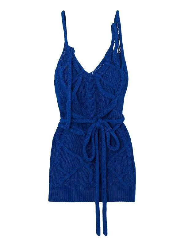 Dries Van Noten Distressed Cable-knit Cotton Tank With Waist Ties - Royal Blue